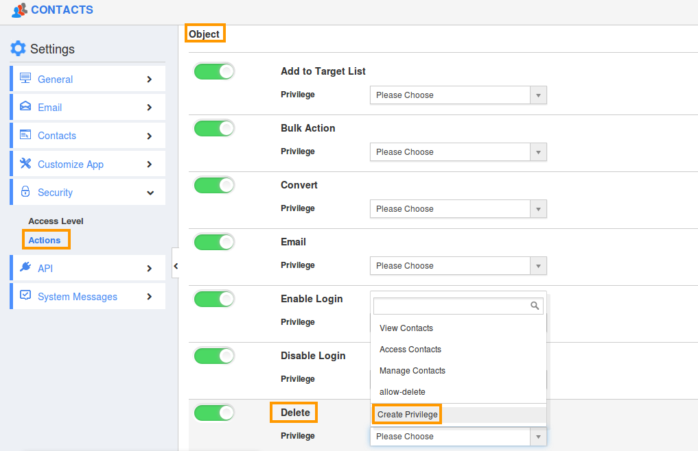 How can I give permissions to users to delete Contacts?