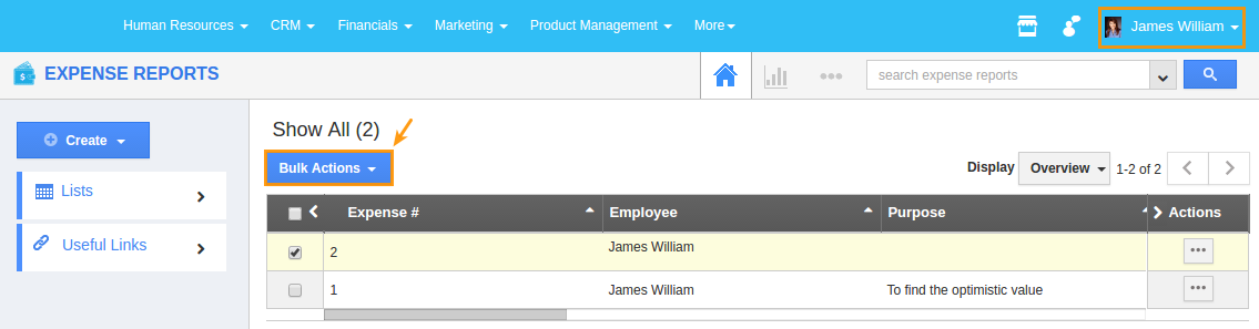 How do I Allow My Users to Perform Bulk Actions into Expense Reports?