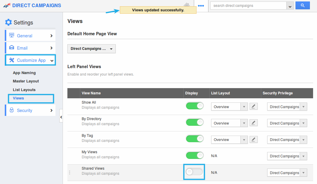 How do I Customize Left Panel Views in Direct Campaigns App?