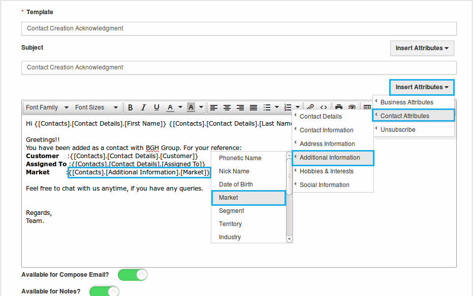 How do I add the market field into message template?