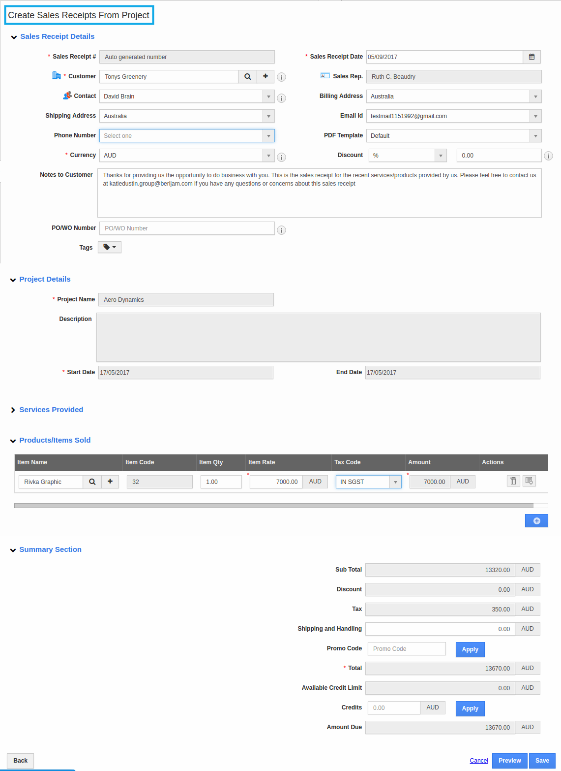 How do I create sales receipts from project?