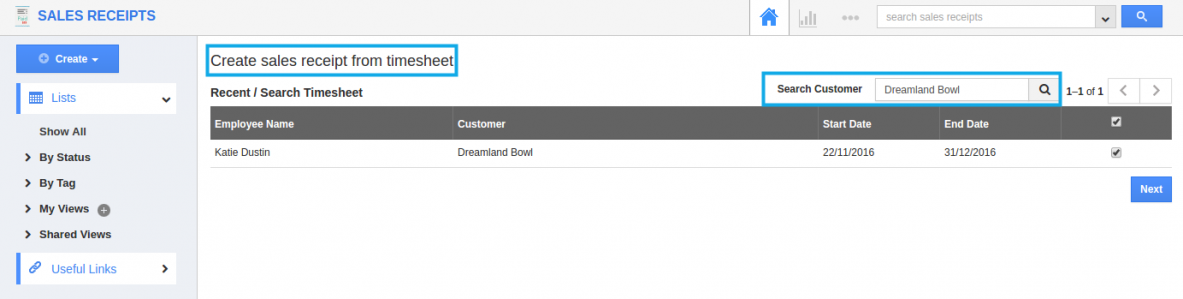 How do I create sales receipts from timesheet?