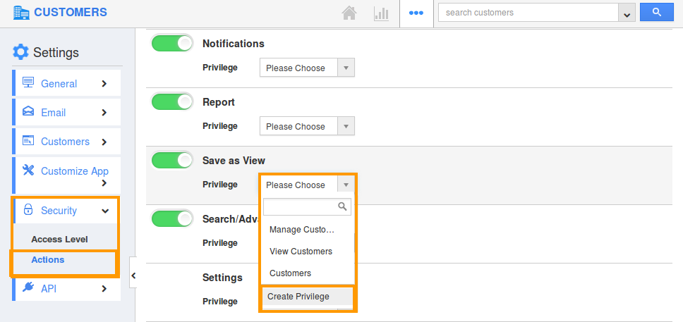 How can I give permissions to save the custom view in Customers App?