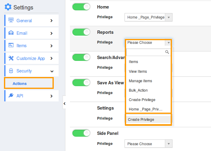 How can I give permissions to users for using reports feature in Items App?
