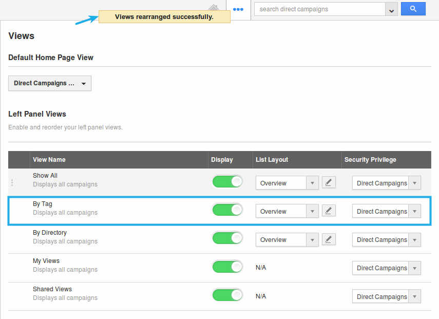 How do I Customize Left Panel Views in Direct Campaigns App?