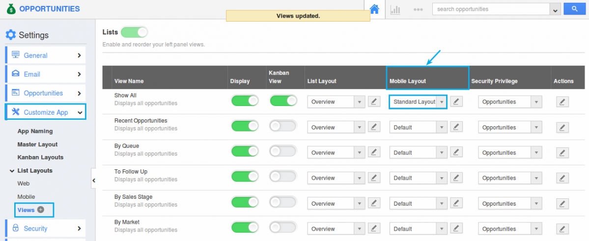 How do I Customize List Layout in the Opportunities App for Mobile CRM?