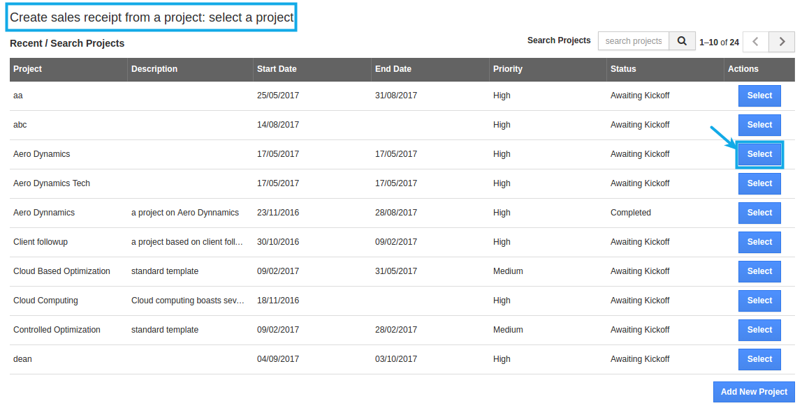 Sales Receipts from Project Creation