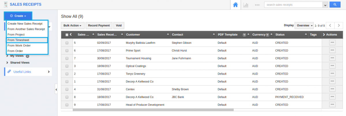 How do I create sales receipts from timesheet?