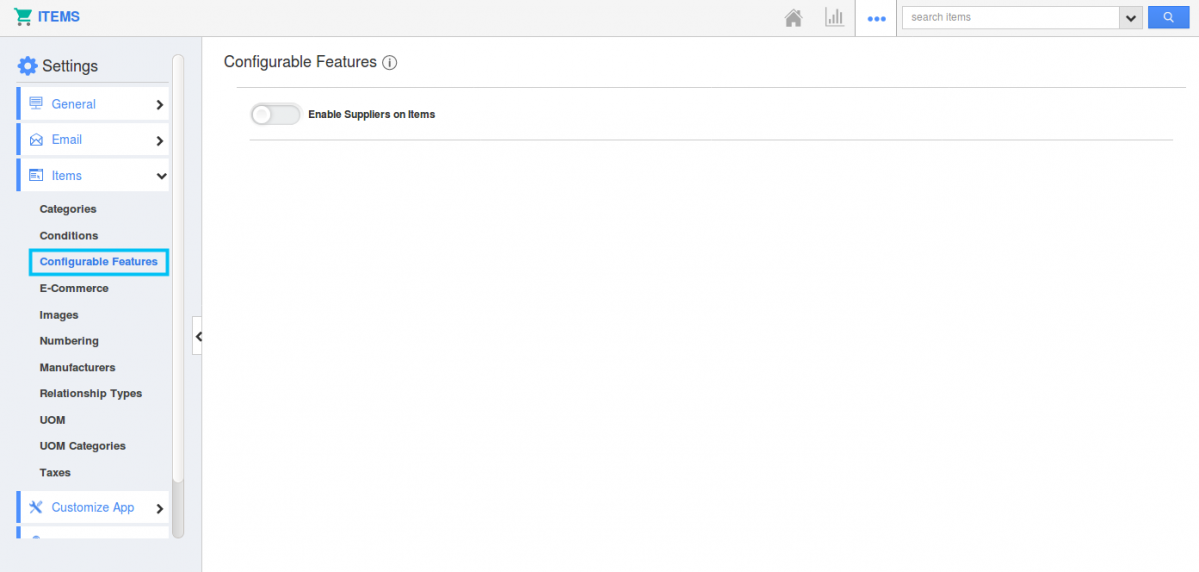 How do I View the Configurable features under the Items section in the ...