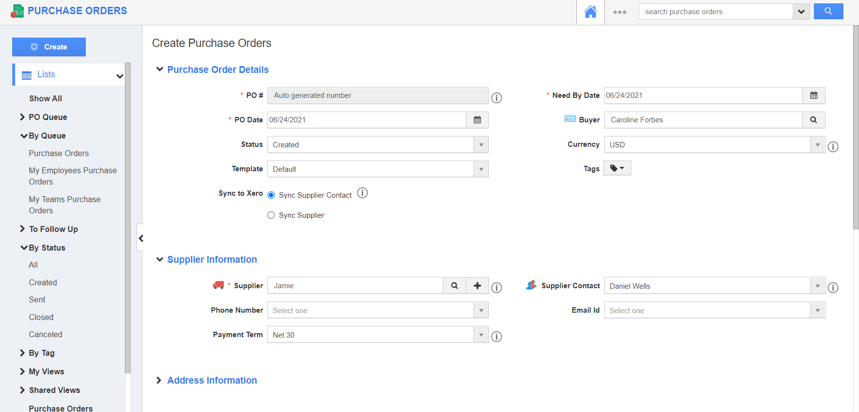 Create Purchase Order - Apptivo